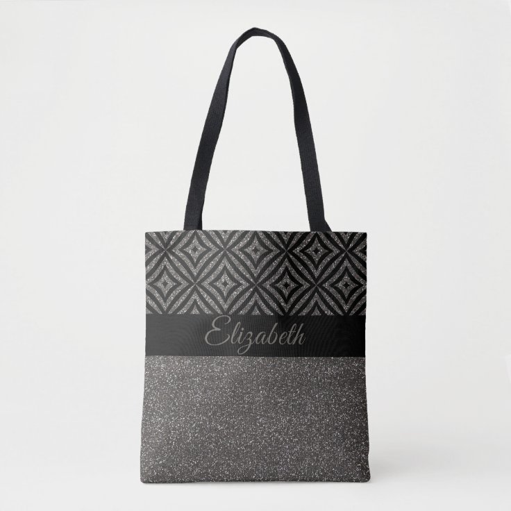Cute Gray Glitter Black Pattern Pesonalized Tote Bag | Zazzle