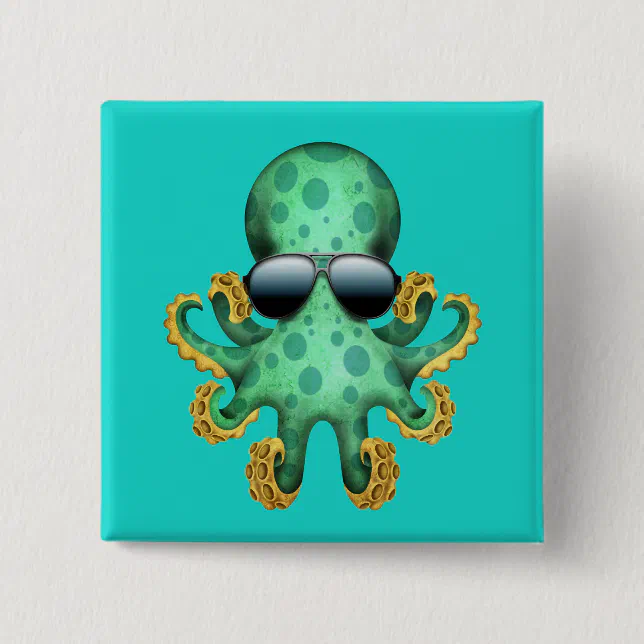 Cute Green Baby Octopus Wearing Sunglasses Button | Zazzle