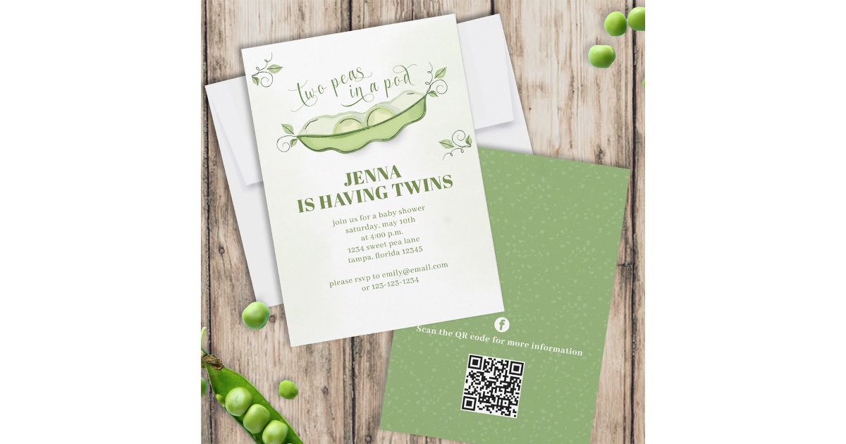 Cute Green Baby Twins Two Peas in a Pod | QR Code Invitation | Zazzle