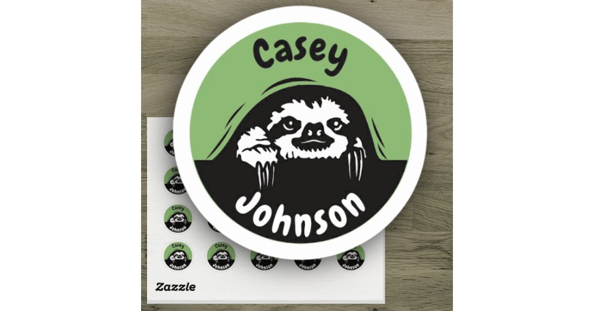 Cute Green Back to School Peeking Sloth Name Classic Round Sticker | Zazzle