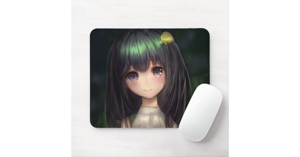 Cute Green Black Hair Manga Girl Waifu Kawaï Anime Mouse Pad | Zazzle