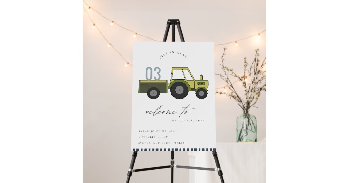 Cute Green Blue Farm Tractor Kids Birthday Welcome Foam Board | Zazzle