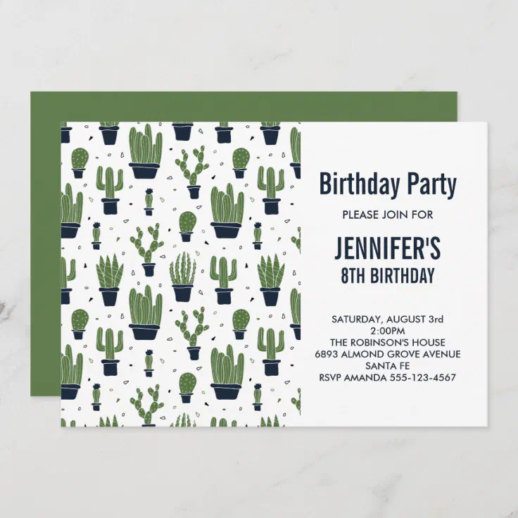 Cute Green Cactus in Flower Pots Pattern Birthday Invitation | Zazzle