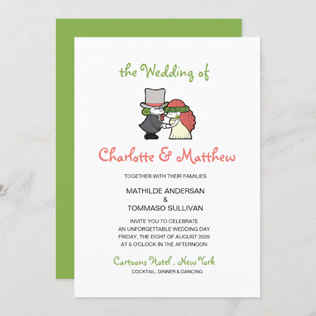 Cute Green Cartoon Characters Whimsical Wedding Invitation | Zazzle