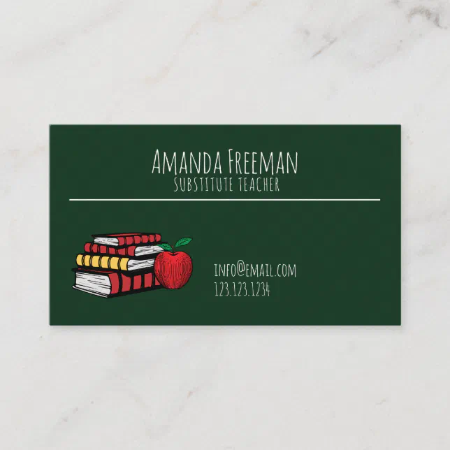 Cute Green Chalkboard and Books Substitute Teacher Business Card | Zazzle