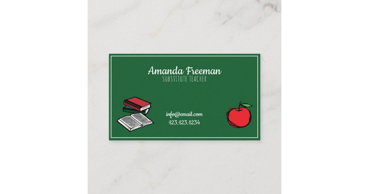 Cute Green Chalkboard & Apple Substitute Teacher Business Card | Zazzle