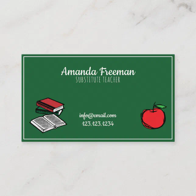Cute Green Chalkboard & Apple Substitute Teacher Business Card | Zazzle