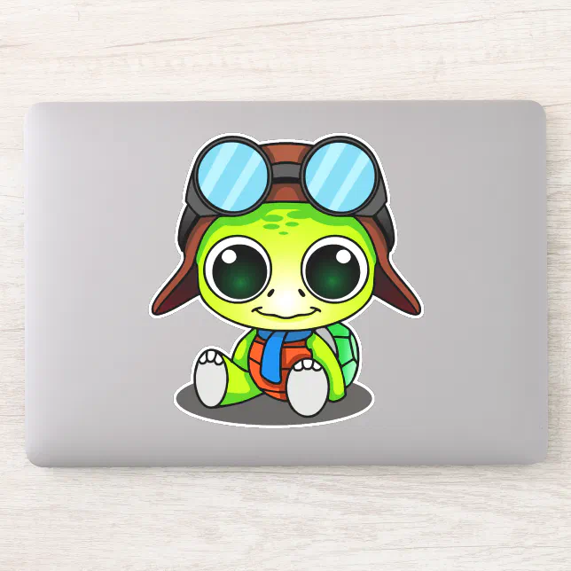 Cute Green Chibi Cartoon Turtle in Aviator Hat Sticker | Zazzle