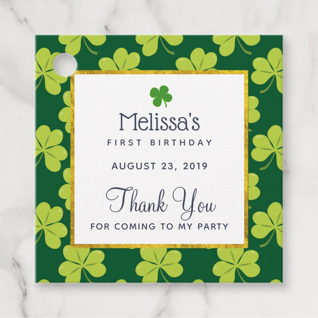 Cute Green Clover Pattern Birthday Thank You Favor Tags | Zazzle