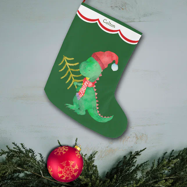 Cute Green Dinosaur Personalized Large Christmas Stocking | Zazzle