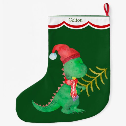 Cute Green Dinosaur Personalized Large Christmas Stocking | Zazzle