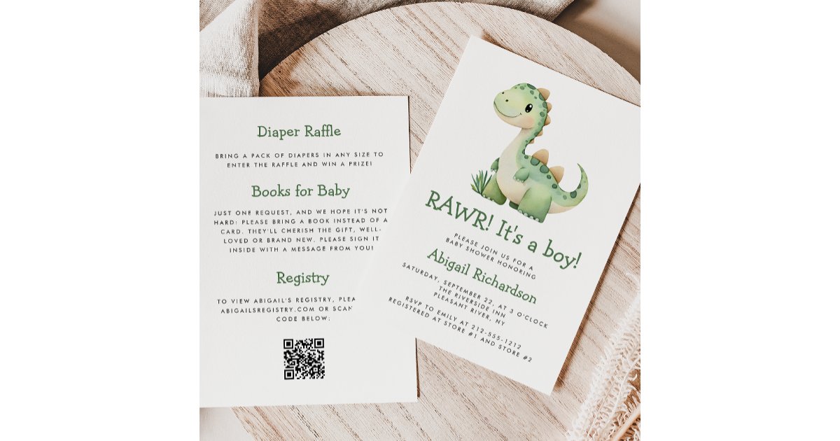 Cute Green Dinosaur QR Code Boy Baby Shower Invitation | Zazzle