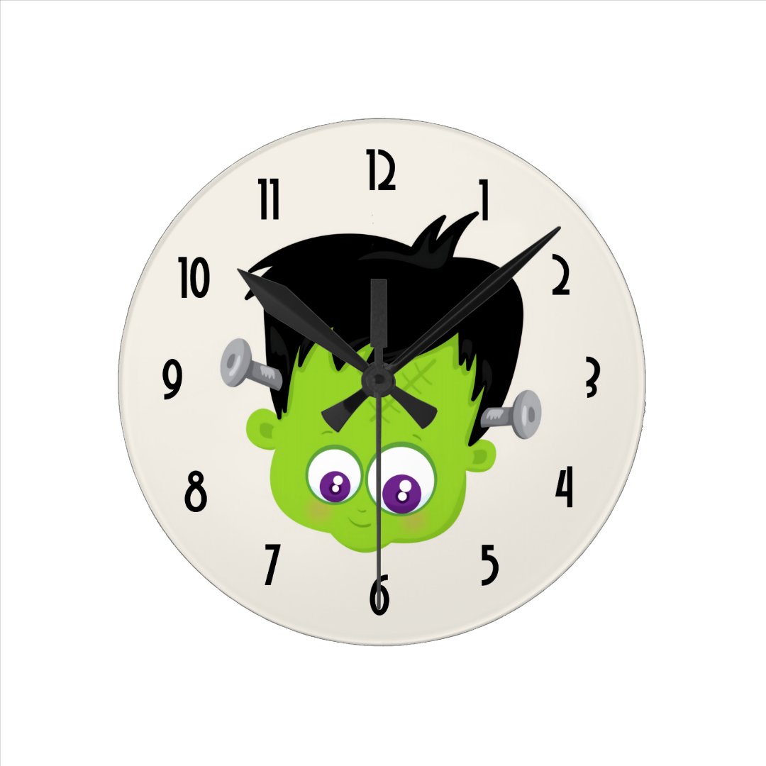 Cute Green Frankenstein Monster face Halloween Round Clock | Zazzle