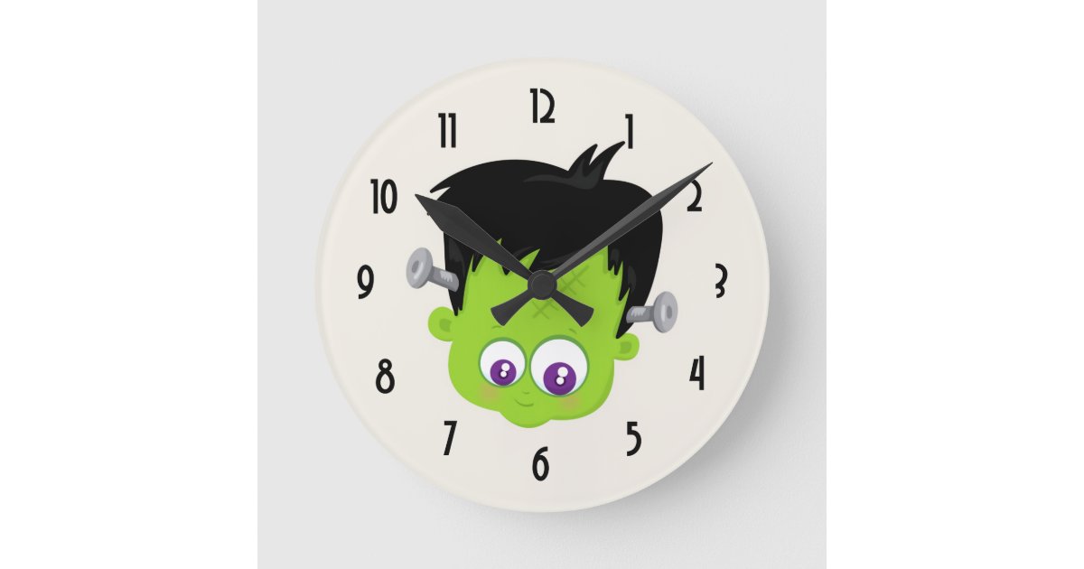 Cute Green Frankenstein Monster face Halloween Round Clock | Zazzle