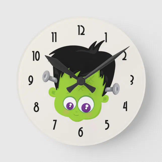 Cute Green Frankenstein Monster face Halloween Round Clock | Zazzle