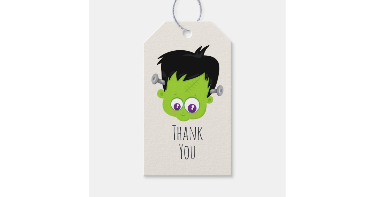 Cute Green Frankenstein Monster face Thank You Gift Tags | Zazzle