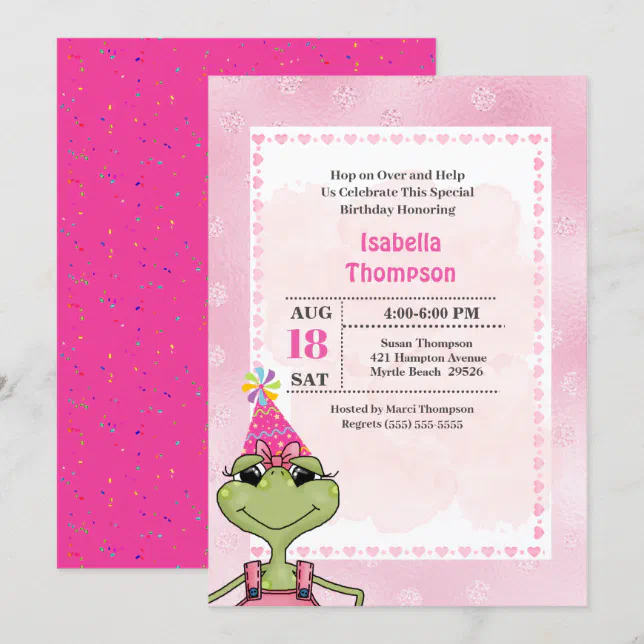 Cute Green Frog Pink Birthday Party Invitation | Zazzle