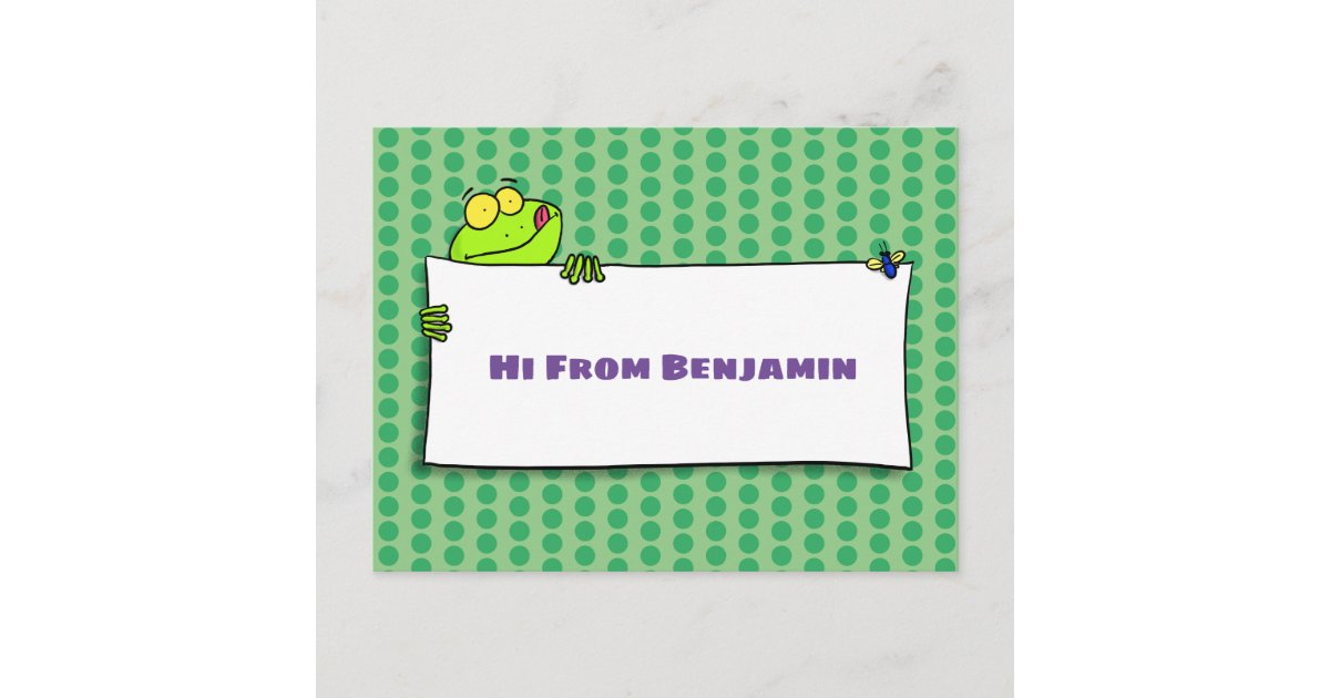 Cute green frog sign cartoon illustration postcard | Zazzle