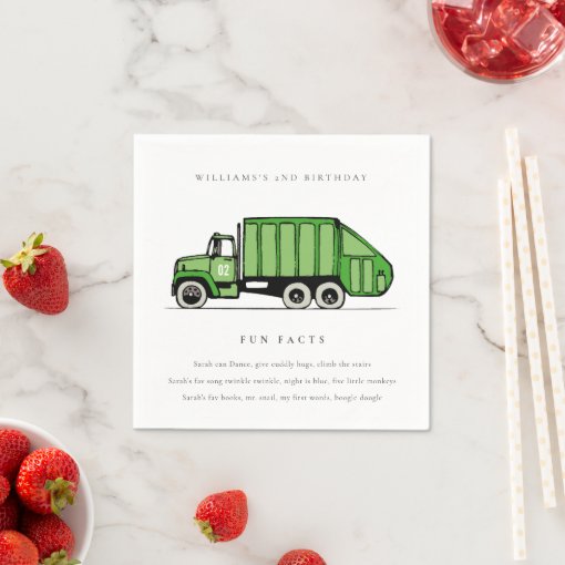 Cute Green Garbage Truck Kids Fun Facts Birthday Napkins | Zazzle