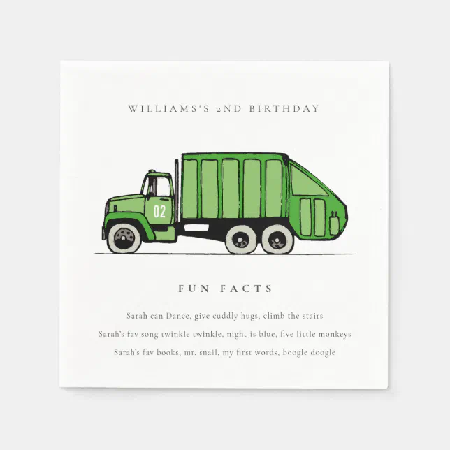Cute Green Garbage Truck Kids Fun Facts Birthday Napkins | Zazzle