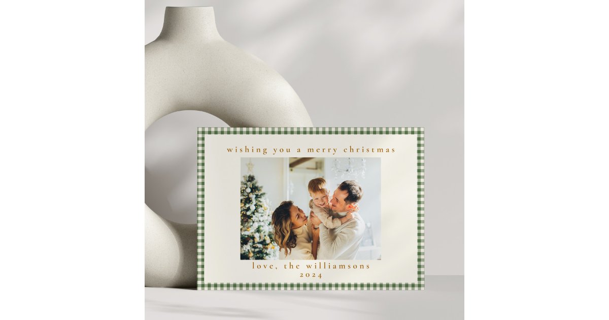 Cute Green Gingham Plaid Custom Photo Christmas Holiday Card | Zazzle
