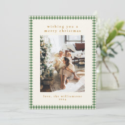 Cute Green Gingham Plaid Portrait Photo Christmas Holiday Card | Zazzle