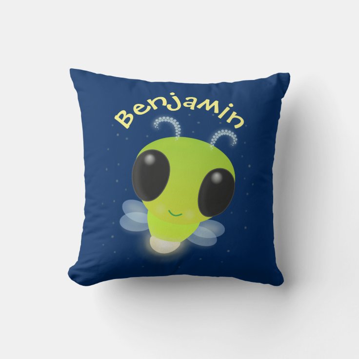 Cute green glow bug firefly cartoon illustration throw pillow | Zazzle