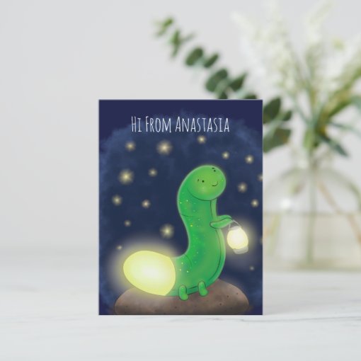 Cute green glow worm cartoon illustration postcard | Zazzle