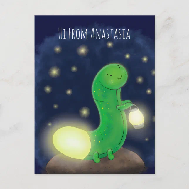 Cute green glow worm cartoon illustration postcard | Zazzle