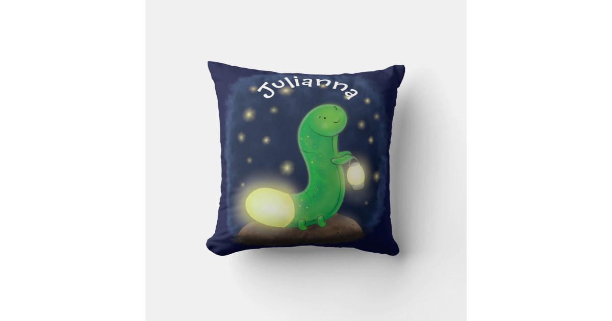 Cute green glow worm cartoon illustration throw pillow | Zazzle