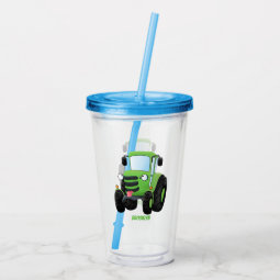 Cute green happy farm tractor cartoon illustration acrylic tumbler | Zazzle
