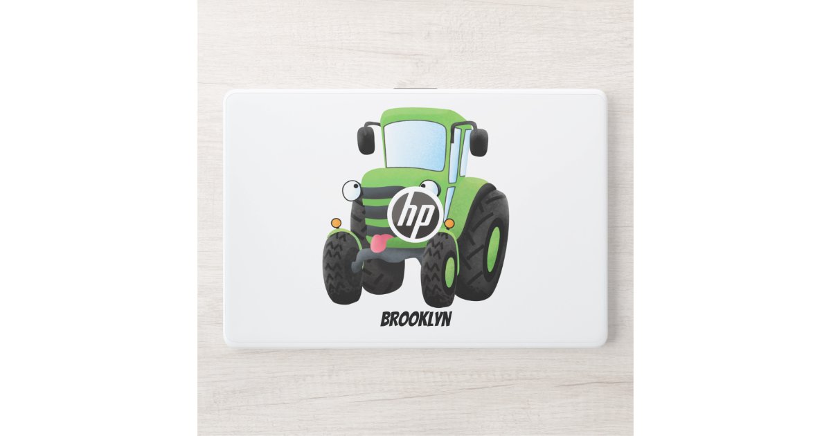 Cute green happy farm tractor cartoon illustration HP laptop skin | Zazzle