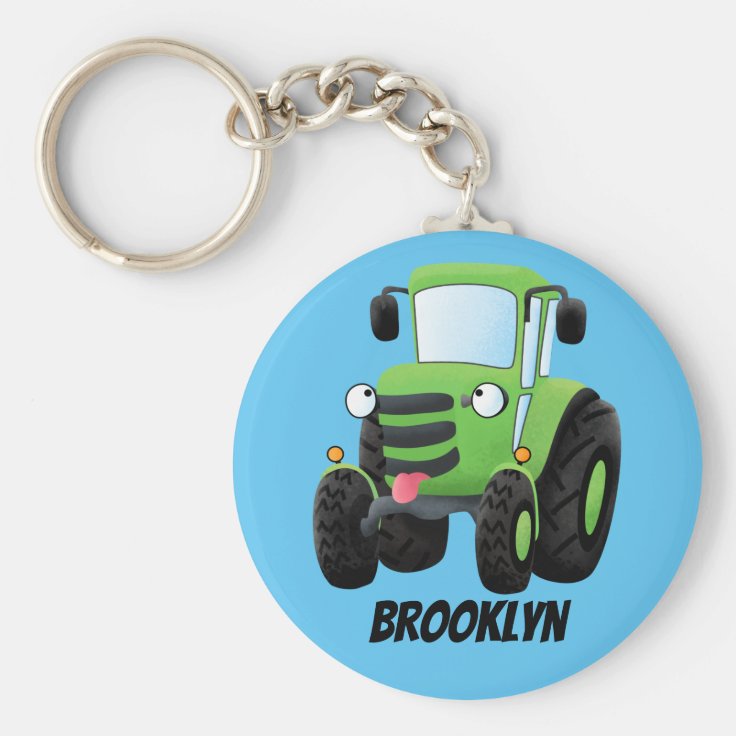 Cute green happy farm tractor cartoon illustration keychain | Zazzle