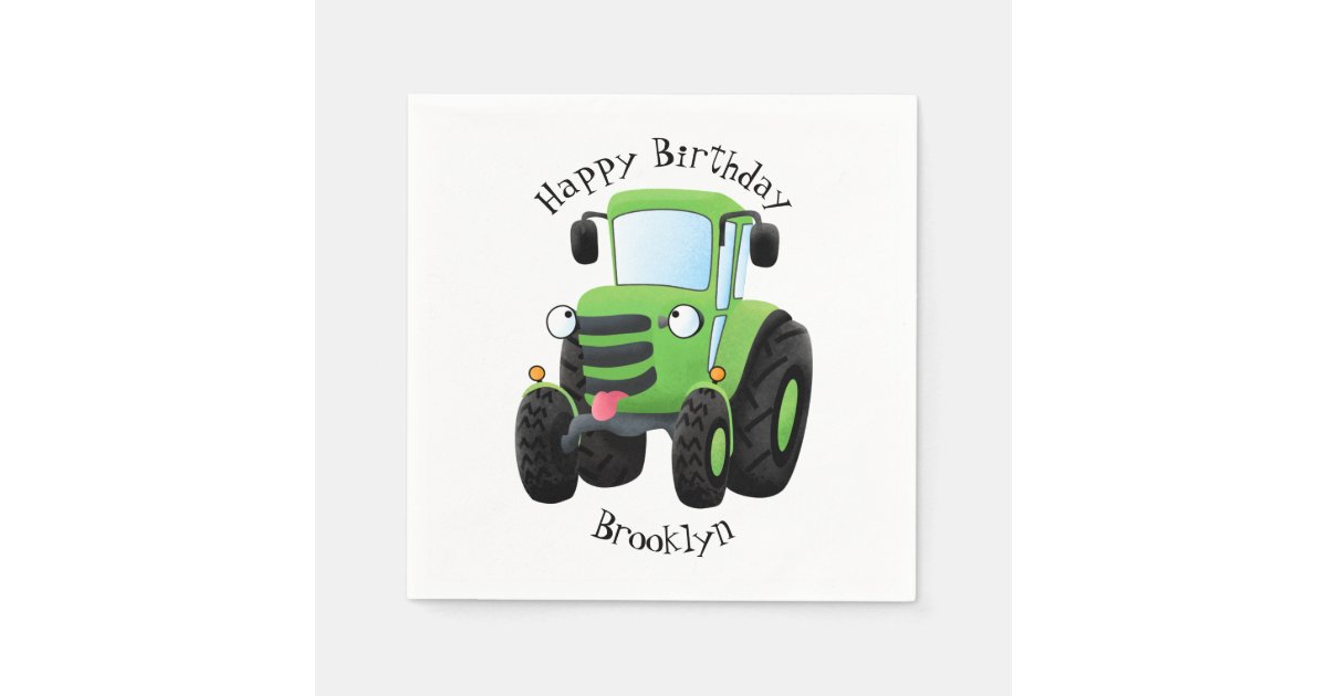 Cute green happy farm tractor cartoon illustration napkins | Zazzle