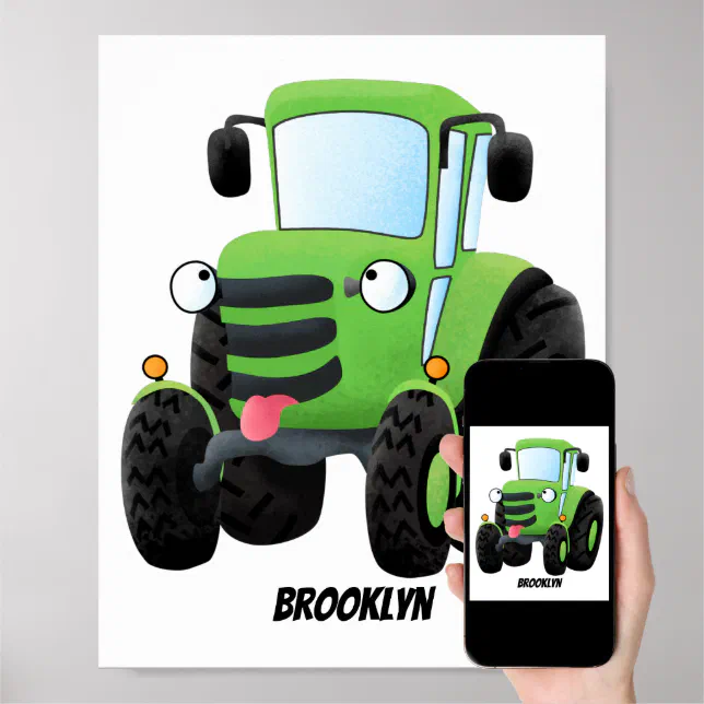 Cute green happy farm tractor cartoon illustration poster | Zazzle