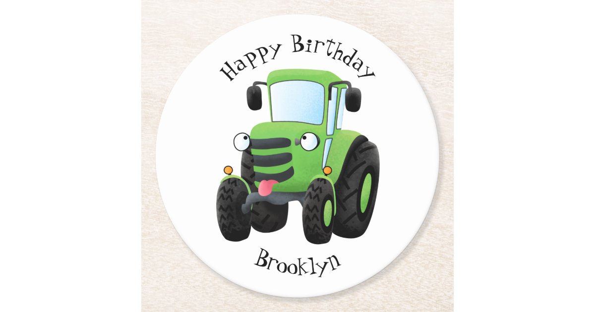 Cute green happy farm tractor cartoon illustration round paper coaster ...