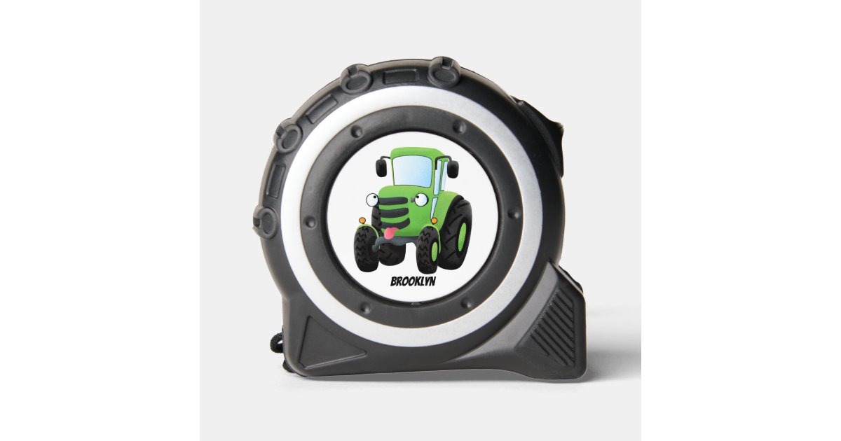 Cute green happy farm tractor cartoon illustration tape measure | Zazzle