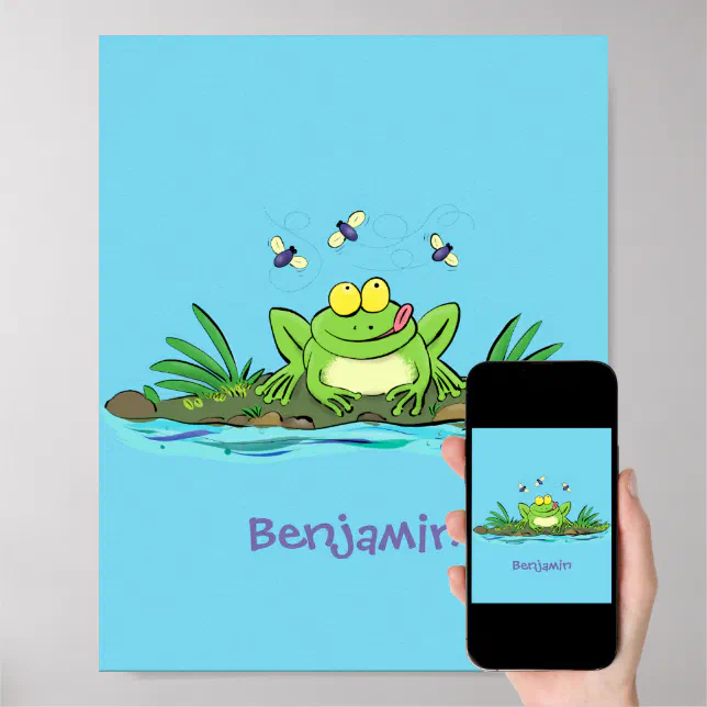 Cute green hungry frog cartoon illustration poster | Zazzle