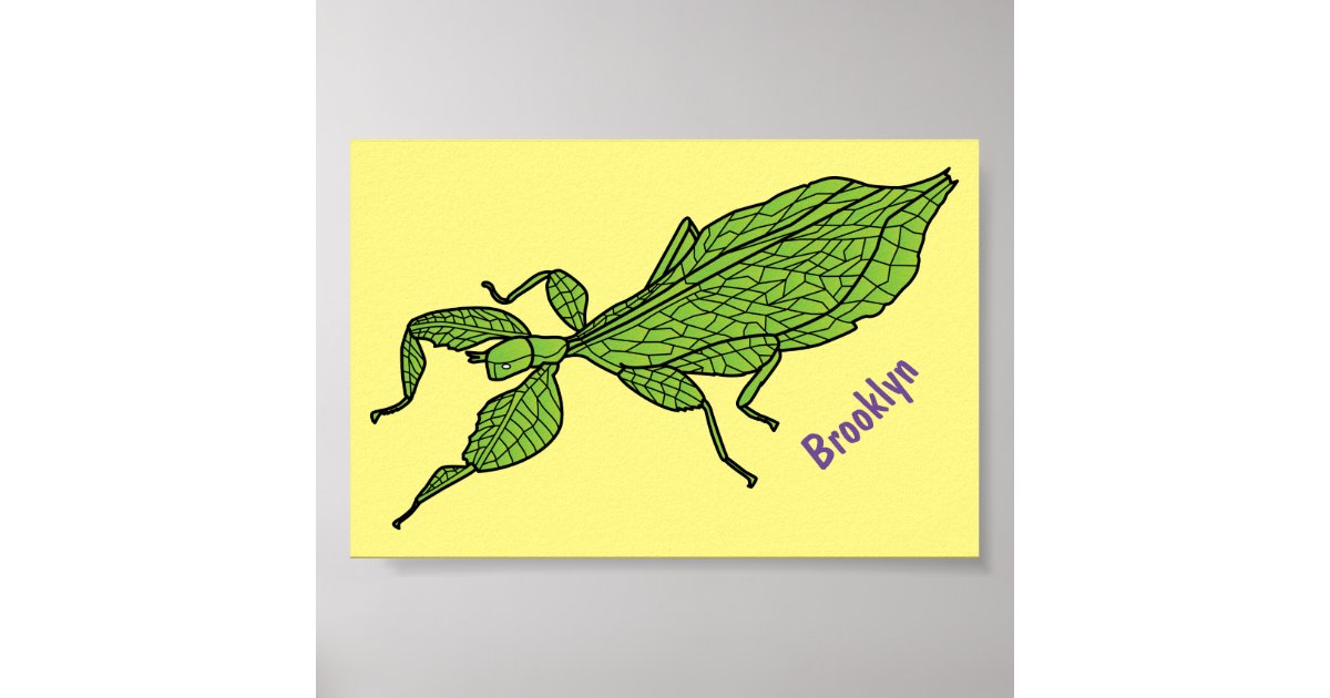 Cute green leaf insect cartoon illustration poster | Zazzle.com