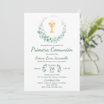 Cute Green Leaves in Spanish First Communion Invitation | Zazzle