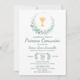 Cute Green Leaves in Spanish First Communion Invitation | Zazzle