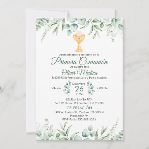 Cute Green Leaves Spanish First Communion Invitation | Zazzle