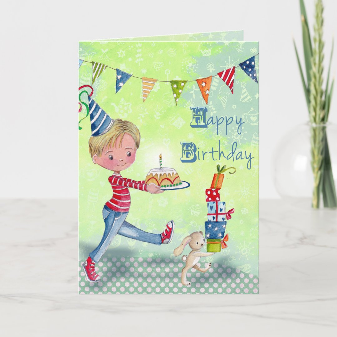 cute green Little Birthday Boy Illustration Card | Zazzle