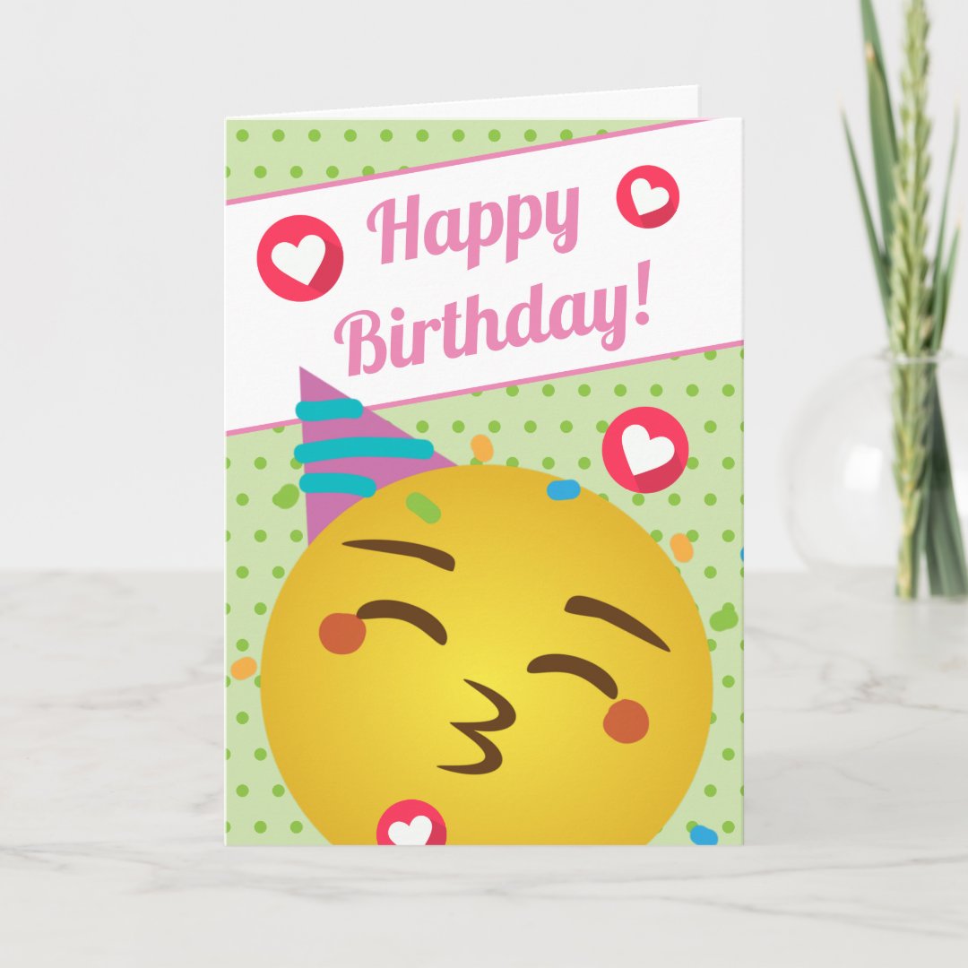Cute Green Polka Dot Kiss Emoji Happy Birthday Card | Zazzle