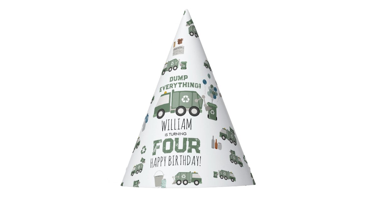 Cute Green Recycling Truck Kids Name Age Birthday Party Hat | Zazzle