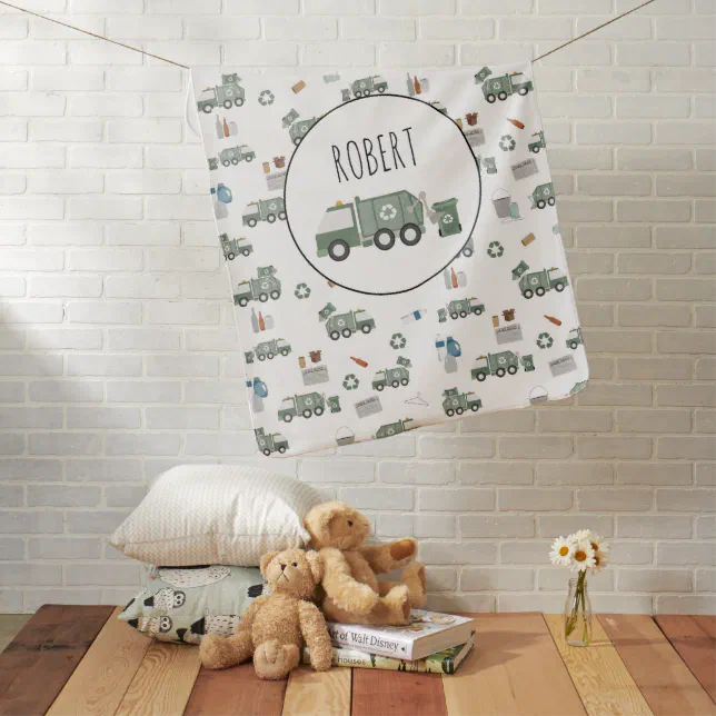 Cute Green Recycling Truck Vehicles Kids Name Baby Blanket | Zazzle