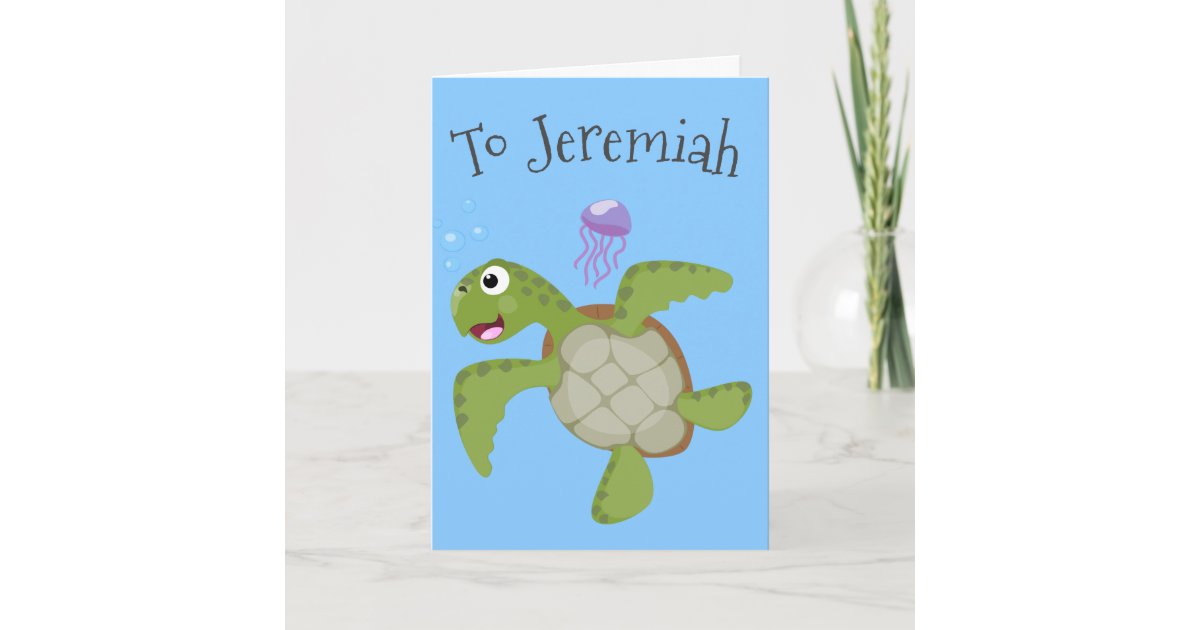Cute green sea turtle happy cartoon illustration card | Zazzle