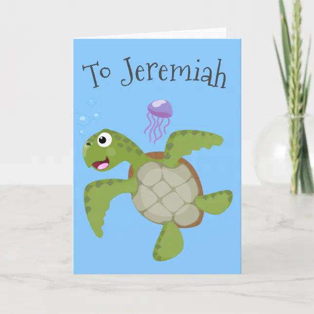 Cute green sea turtle happy cartoon illustration card | Zazzle