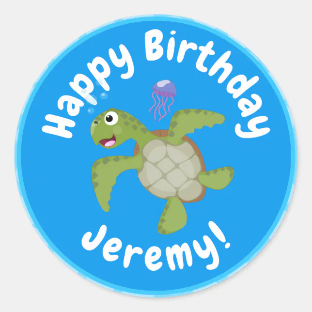 Cute green sea turtle happy cartoon illustration classic round sticker ...