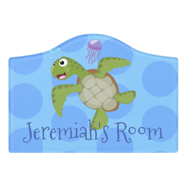 Cute green sea turtle happy cartoon illustration door sign | Zazzle